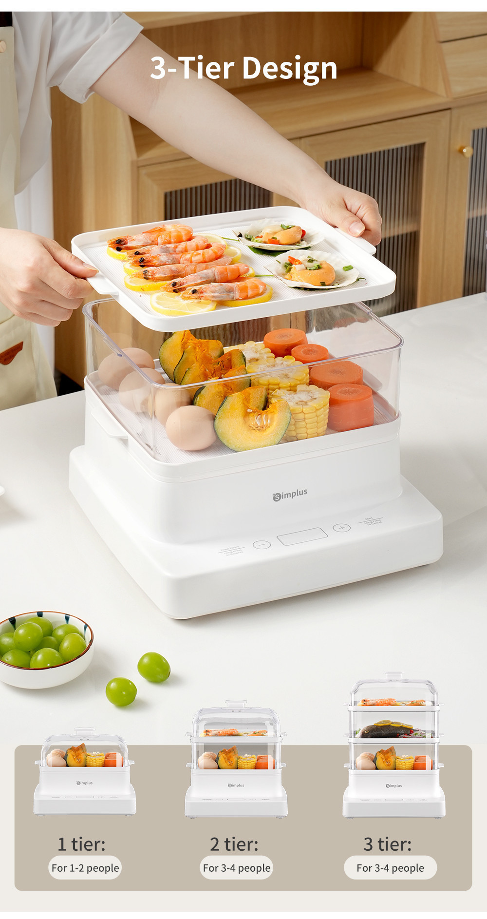 Simplus Electric Food Steamer | 3-Tier 14L Capacity | 1200W High Power ...