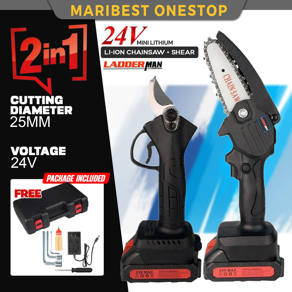 LADDERMAN 24V 4 Inch Mini Chainsaw and Shear Cordless Electric Portable ...