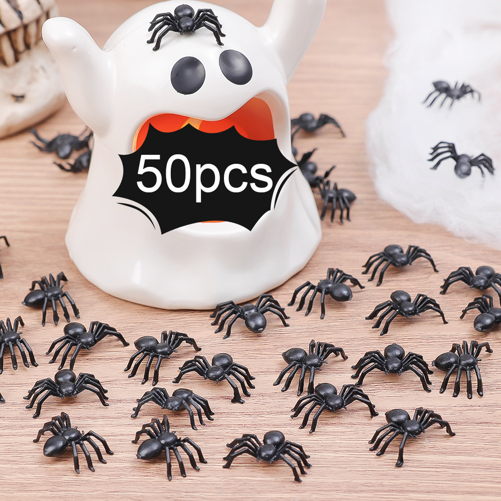 50Pcs Halloween Mini Spiders - Plastic Small Black Spiders Decoration ...