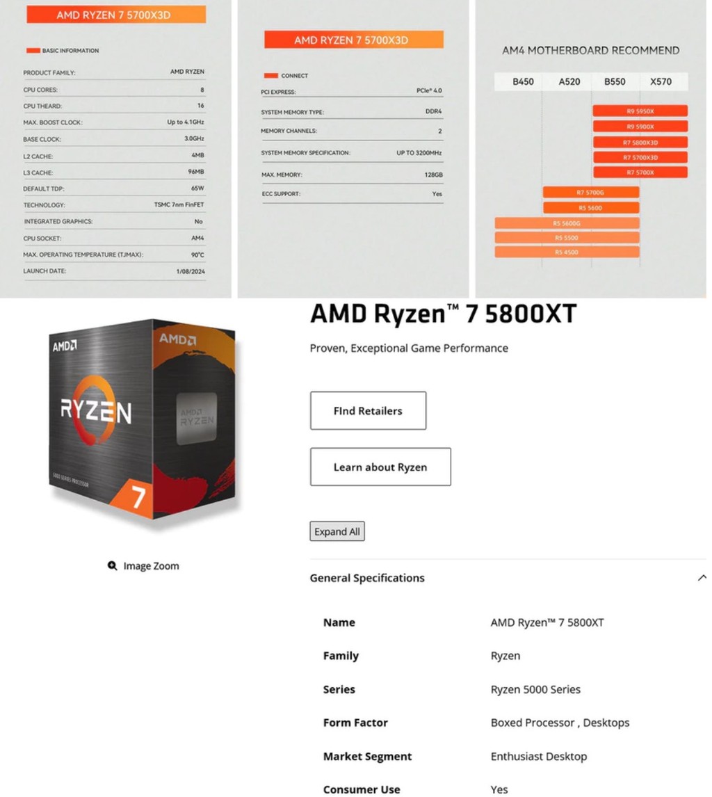 AMD RYZEN 7 5800XT / 5700X3D / R7 5700X3D AM4 Socket 3.4GHZ 8 Cores 16 ...