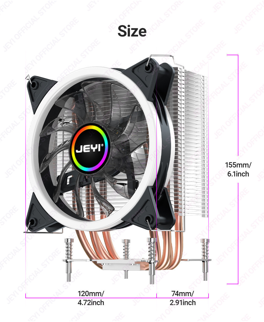 JEYI RGB CPU Cooler 4/6 Heat Pipes Air Tower Radiator PC 12cm PWM Fan ...