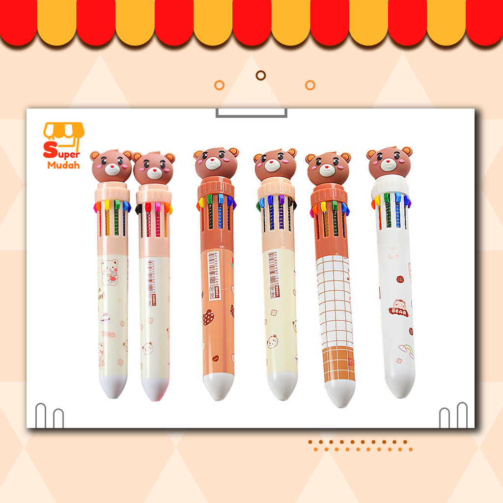 Pen Ballpoint Beruang Comel Butang Tekan Pelbagai Warna Penulisan ...