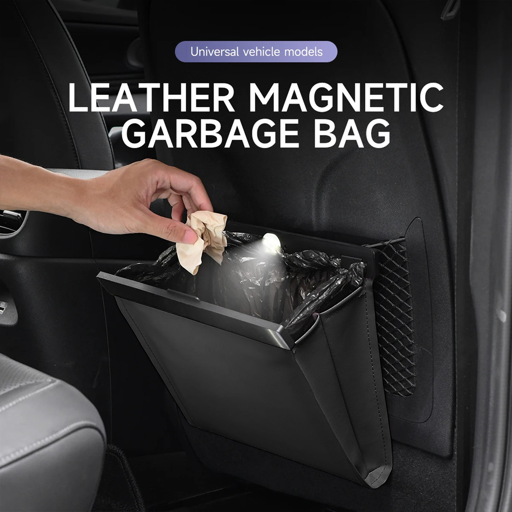 Magnetic Hanging Car Garbage Bag With LED PU Leather Waterproof Trash ...