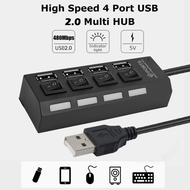 4 Ports High Speed USB 2.0 Hub - for PC, Laptop, Light String - Multi ...