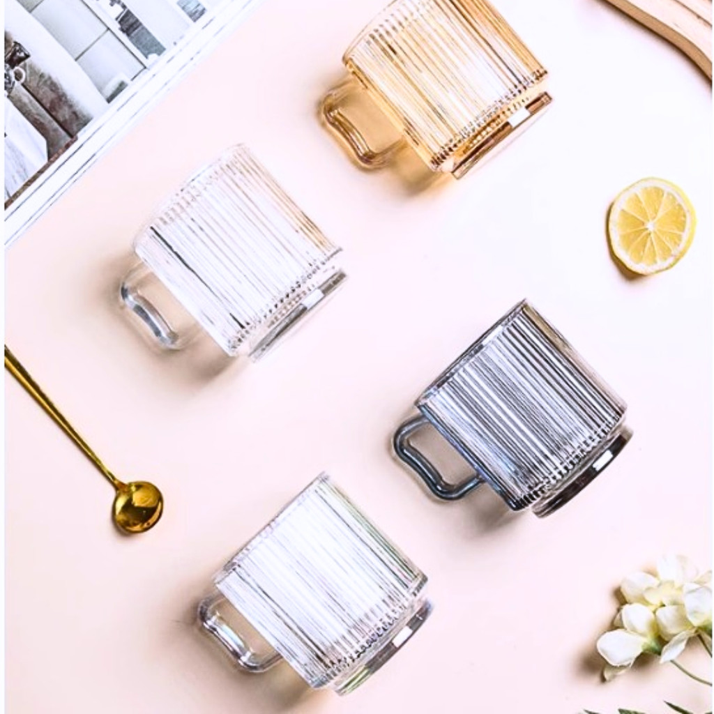 CK Glass Coffee Cup Vertical Striped Line With Wooden Lid Handle Mug ...