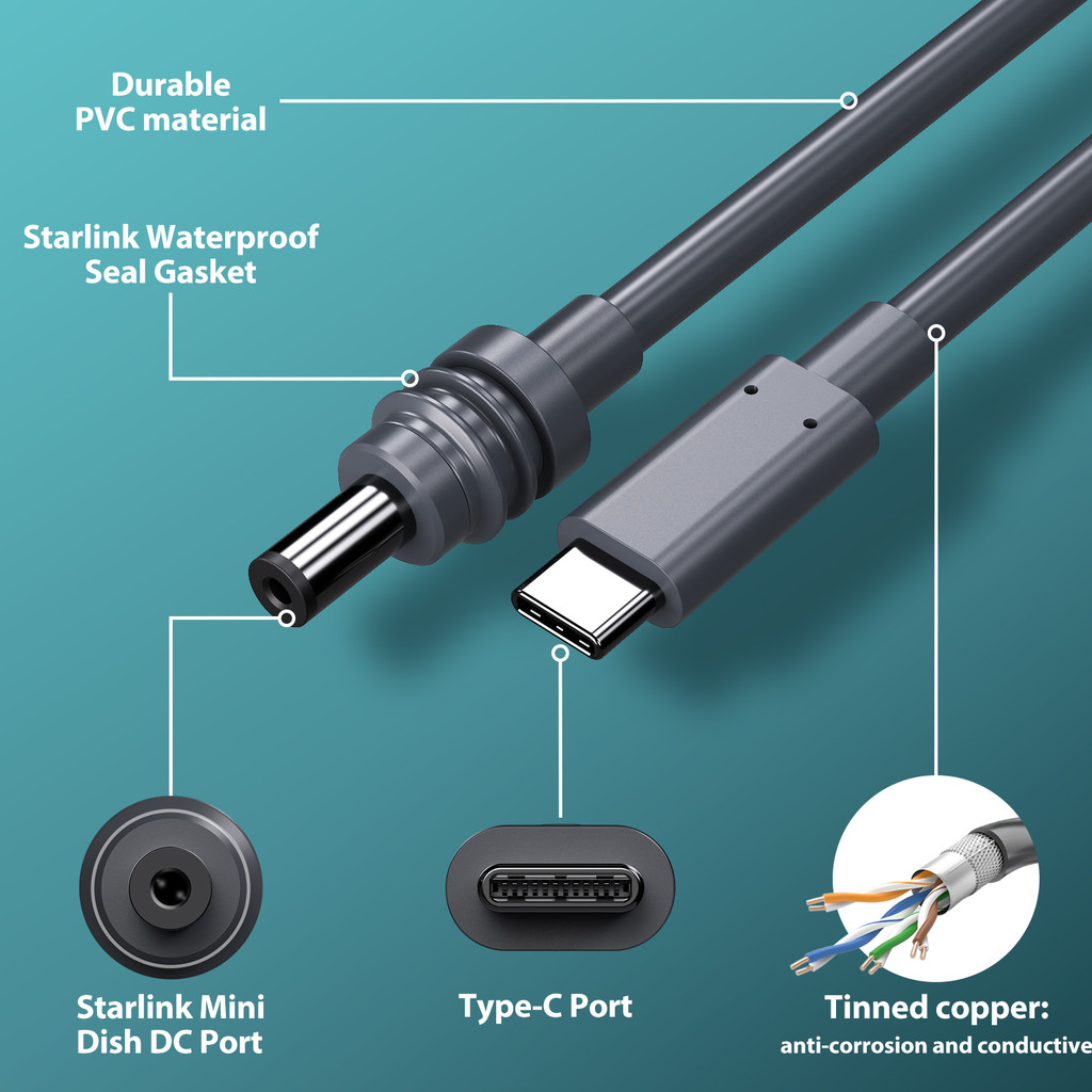 HdoorLink Starlink Mini Cable Type-C/DC To DC 100W Power Cable 16FT ...