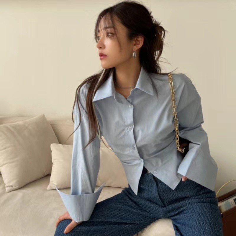 SUXI Backless Strap Autumn Loose Simple New Lapel Long Sleeve Shirt ...
