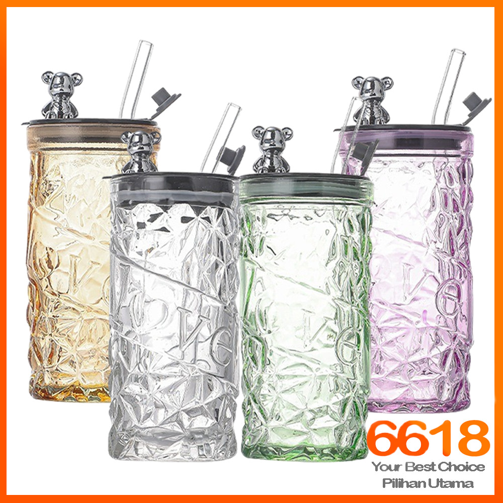 Cawan Kaca Dengan Penutup Dan Straw Botol Gelas Telus Kaca Tahan Panas ...