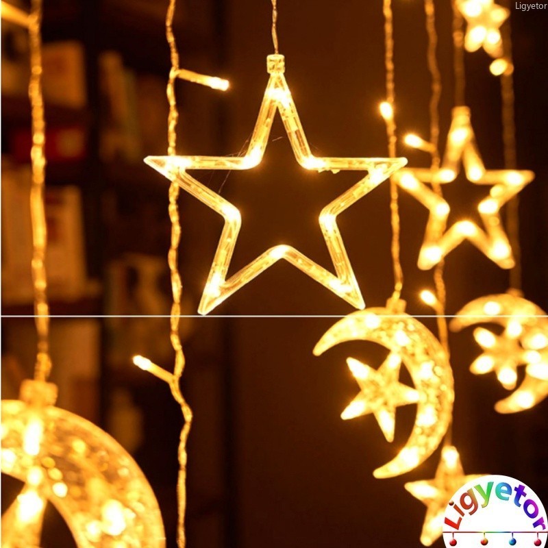 Ligyetor Raya LED Star Moon Curtain String Lights Decorations for Eid ...