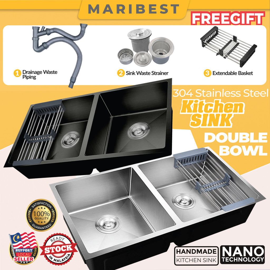 Double Sink SUS 304 Stainless Steel Home Kitchen Sink Sinki Dapur Nano ...