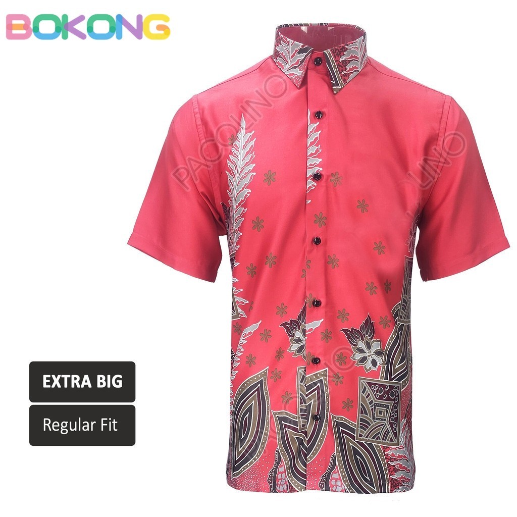 (Regular Cutting) Red Color Malaysia Men Batik Short Sleeve Kemeja ...