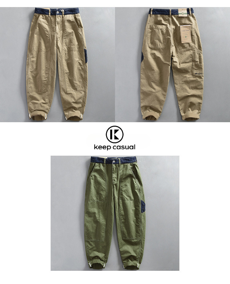 『Keep Casual』Men's Vintage Washed Multi-pocket Patchwork Cargo Pants Retro Contrasting Loose ...