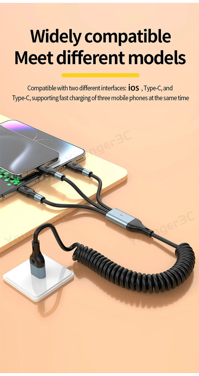 2 to 3 Spring telescopic data cable for ios/Type-C PD 65W super fast ...