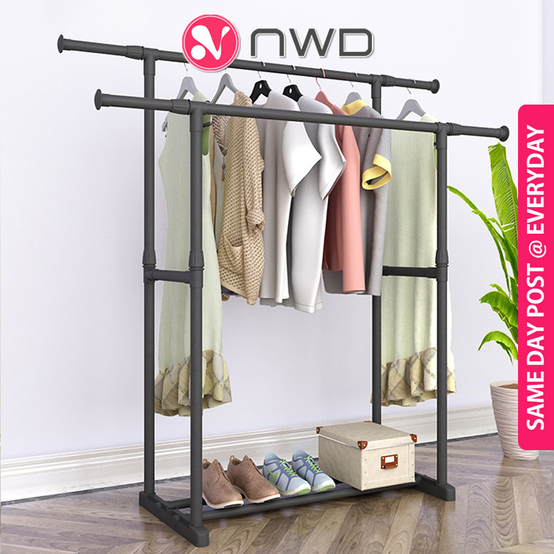 𝟵𝟬 - 𝟭𝟱𝟬𝗖𝗠 》Extractable Double Pole Clothes Hanging Rack Garment Drying ...