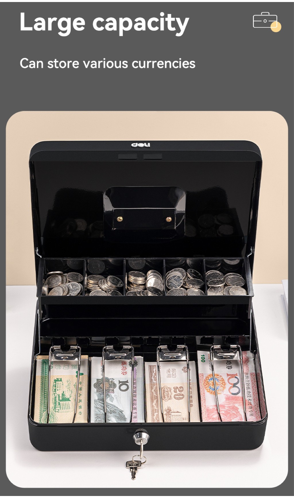 Deli Petty Cash Box Safety Security Money Jewelry Box Key Lock Tray ...
