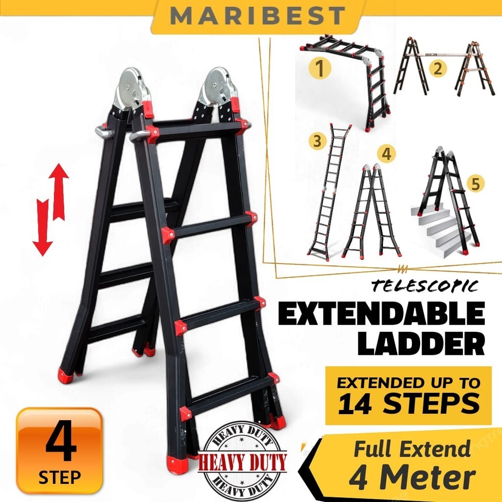 4 STEP Black Transformable Telescopic Extendable Ladder Heavy Duty ...