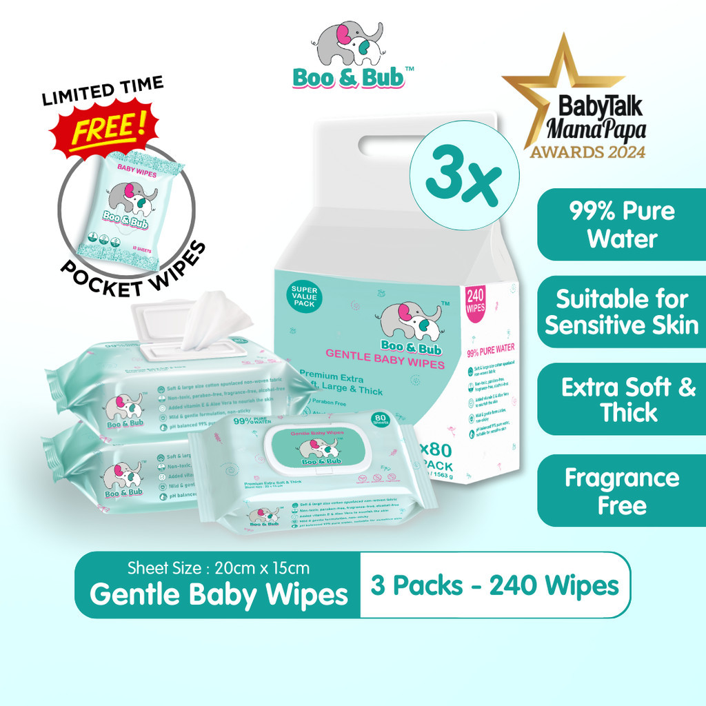 Boo&Bub 3x 80pcs Premium Honey Comb Non alcohol BABY WIPES Wet Tissue ...
