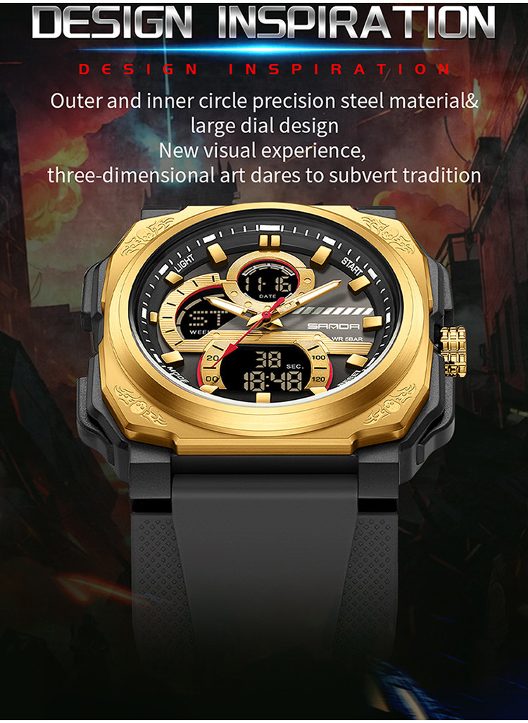 SANDA Square Dial Carved Pattern Personality Cool Sports Waterproof ...