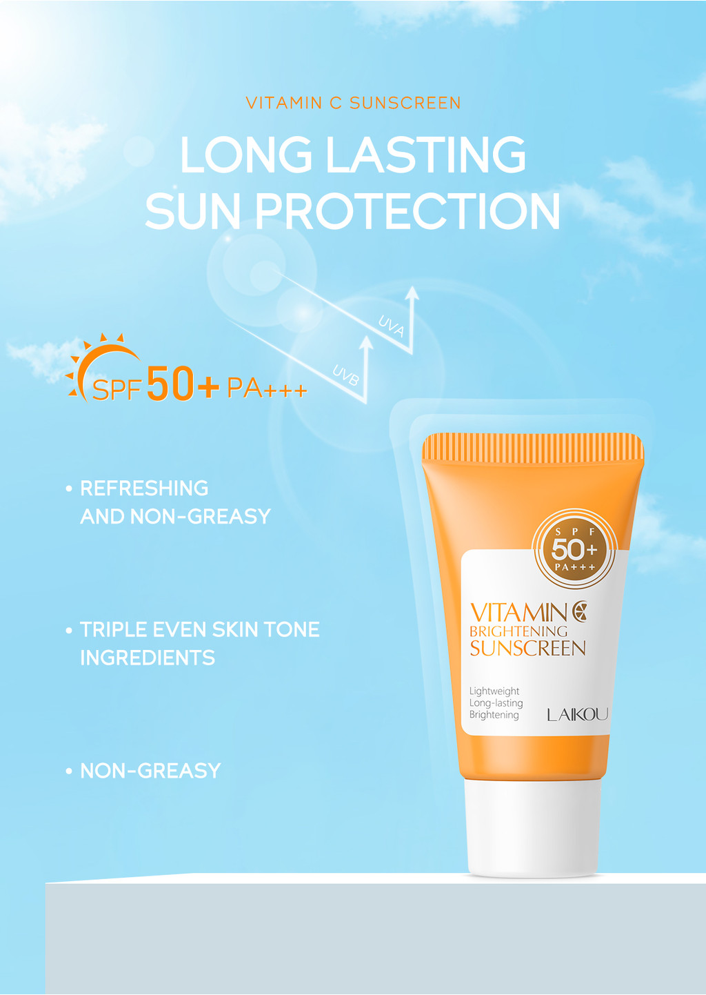 LAIKOU SPF50+ PA+++ Vitamin C Brightening Sunscreen Lightweight Long ...
