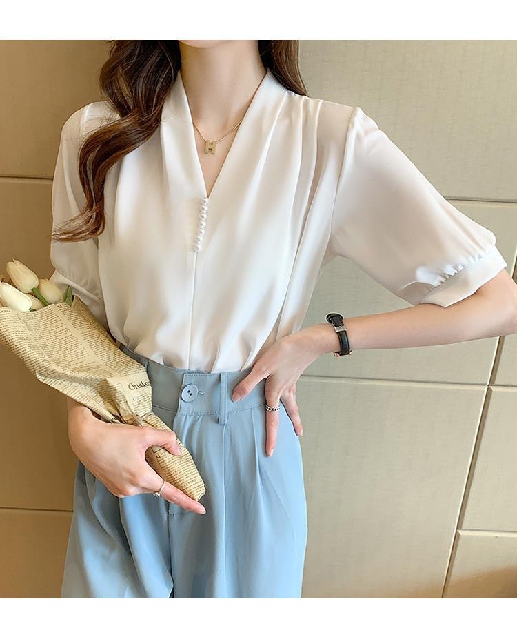 Summer Chiffon Women's Professional Blouse Short Sleeved Loose Casual ...