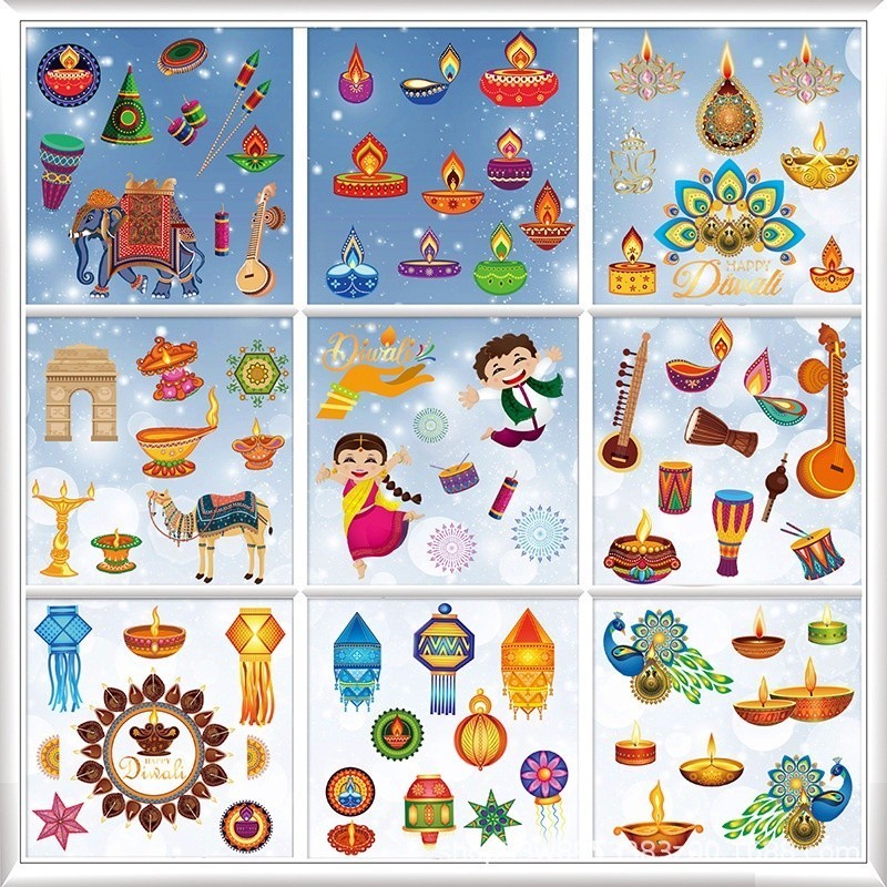 9 pcs/set Diwali Electrostatic Window Sticker Deepavali Decor Festival ...
