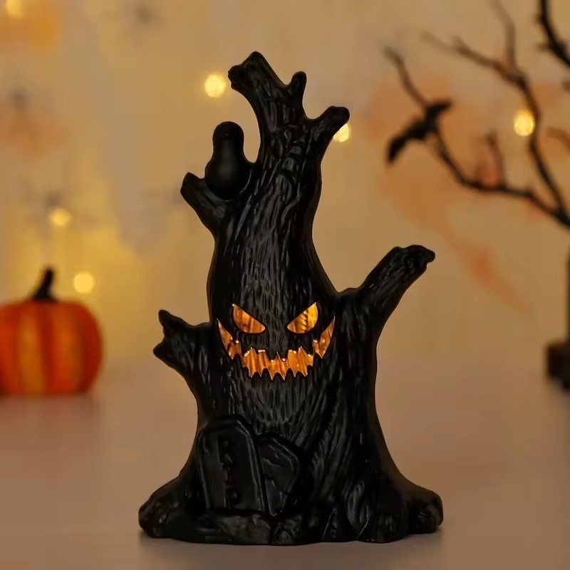 New Halloween Tree Stump Lantern Pumpkin Led Lights Black Ghostface ...