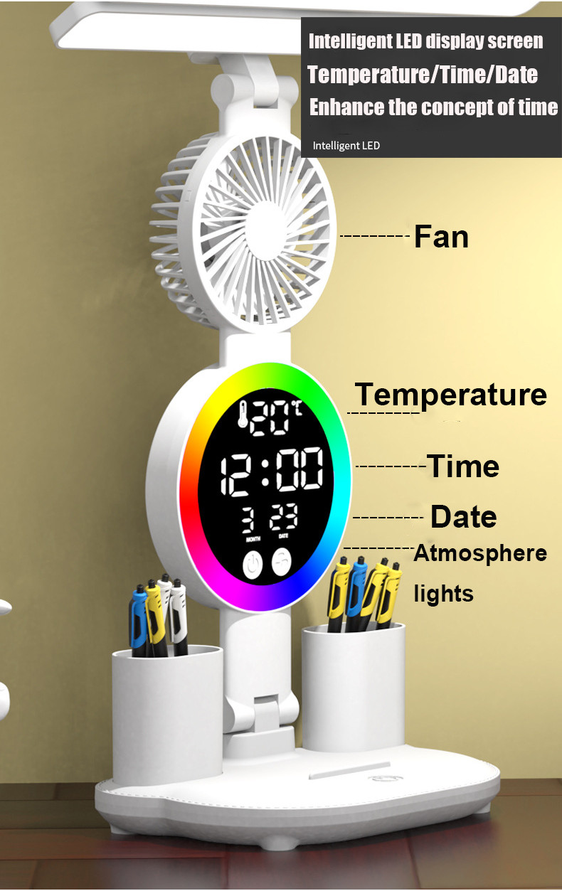 Foldable Led Eye Protection Clock Table Lamp 180Rotatable Reading Night ...