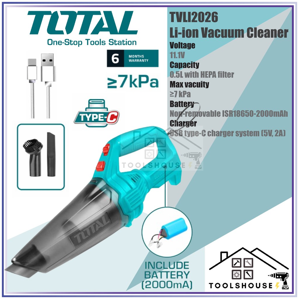 Total TVLI2026 Li-ion Vacuum Cleaner With 0.5L HEPA Filter (USB Type-C ...