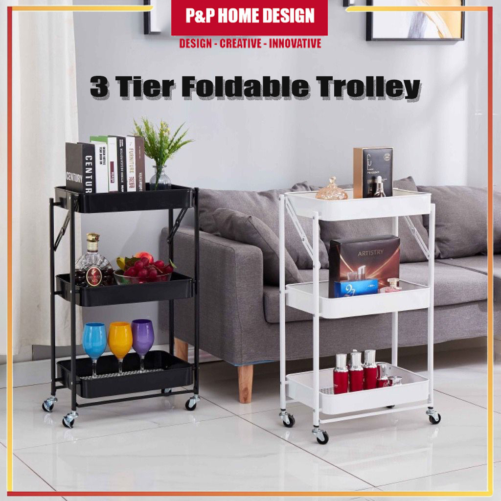 3 Tier Full Steel Foldable Trolley Multifunction Storage Rack | 100% ...