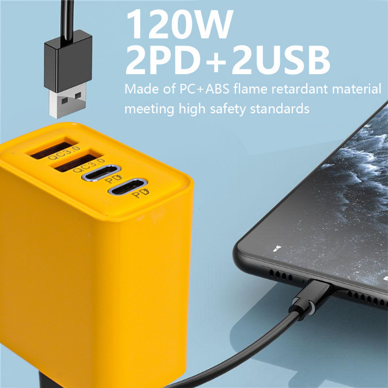 PD 120W QC3.0 Wall Charger with Cable - 4 Ports USB Type-C Phone Power Adapter - For US EU UK ...