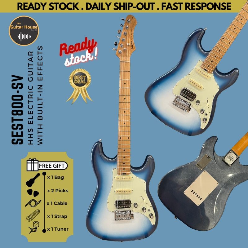 SQOE SEST800-SV Super Stratocaster HSS Electric Guitar with Built-in ...