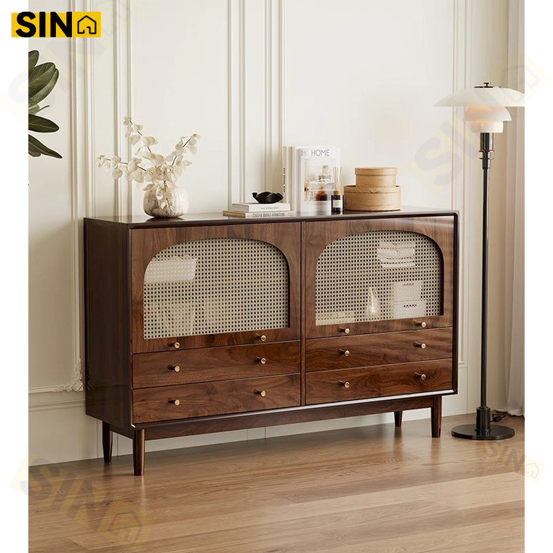 HCN Home Solid Wood Chest Of Drawers Living Room Bucket Rattan Woven ...