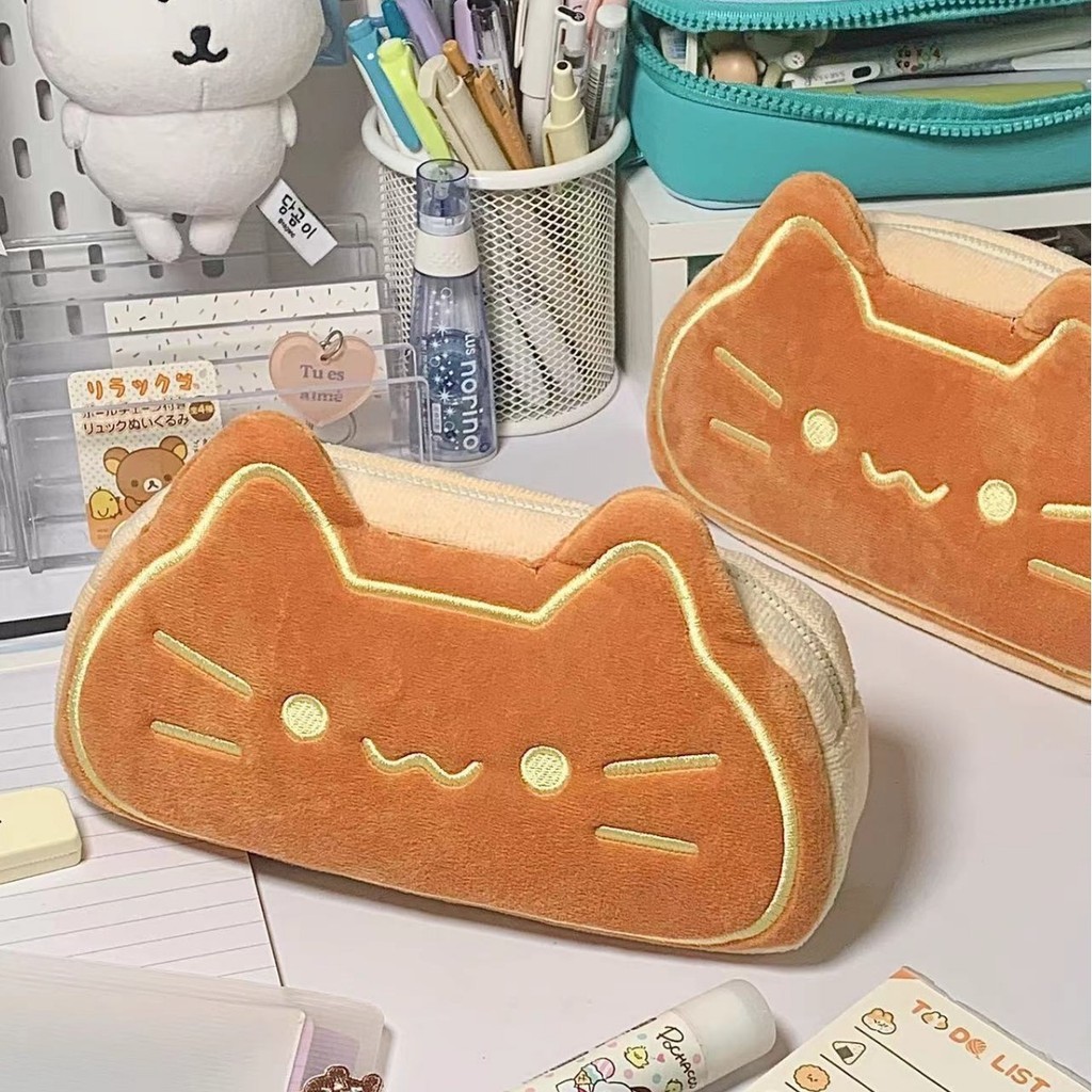 Cute Caramel Bread Cat Plush Pencil Pouch Large Capacity Pen Bag ...