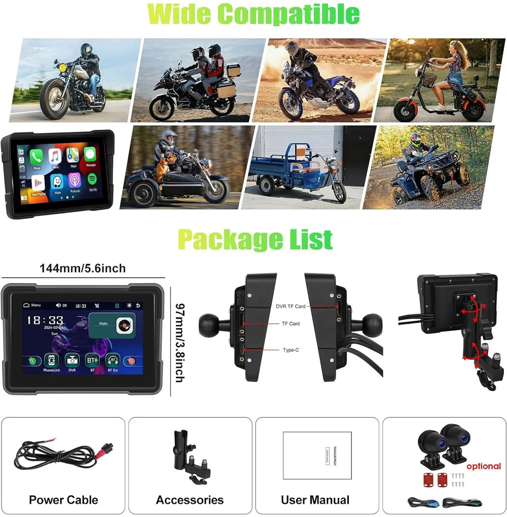 5 inch Motorcycle DVR Navigation Wireless CarPlay Android Auto Airplay ...