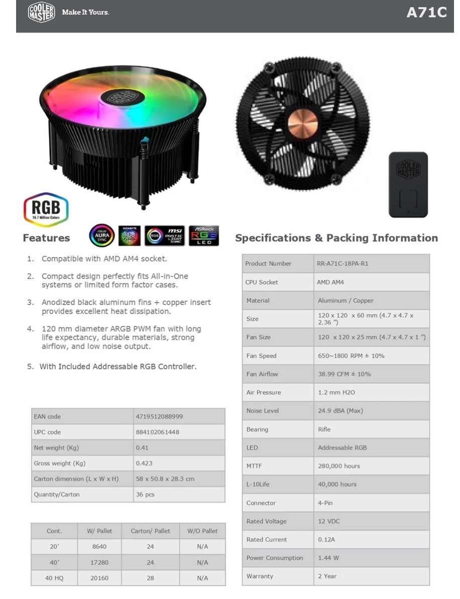 Cooler Master A71C ARGB Low Profile CPU Cooler AM4 AM5 RR-A71C-18PA-R1 ...