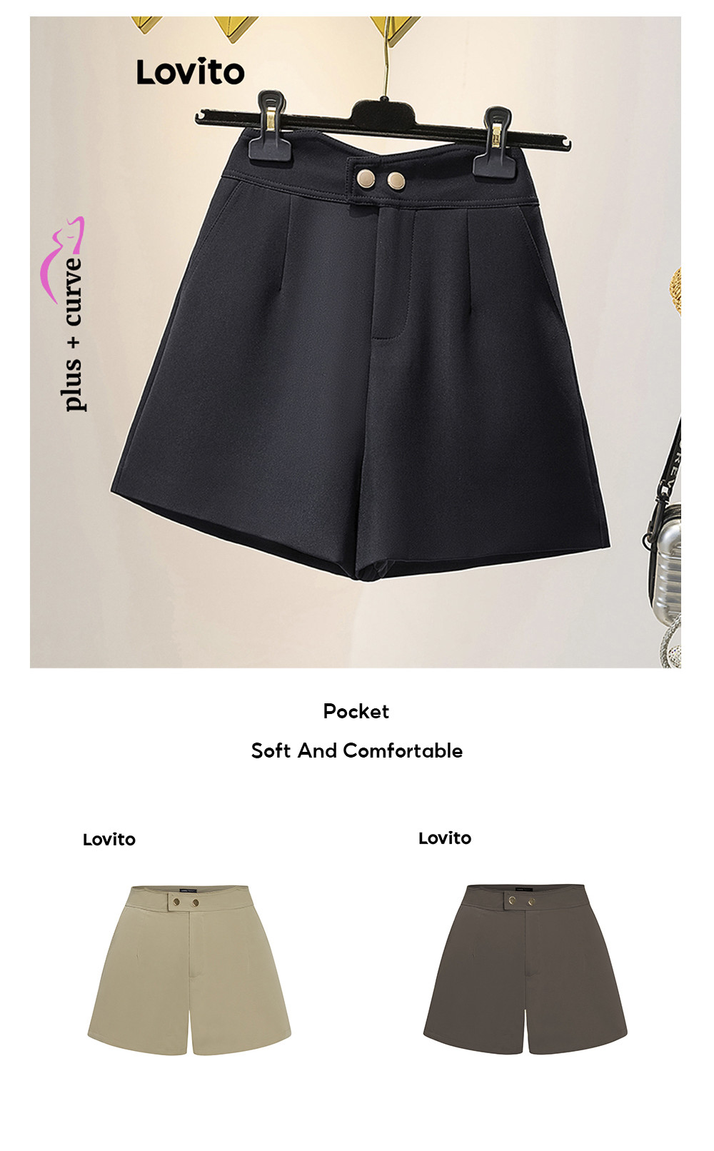 Lovito Plus Size Curve Casual Plain Pocket Shorts for Women LNE40568 ... Lovito Plus Size Curve Casual Plain Pocket Shorts for Women LNE40568 ...