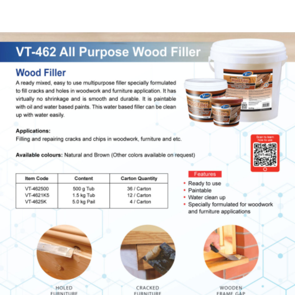 Vtech VT-462 All Purpose Wood Filler – Water-based Putty 500g (V-tech ...