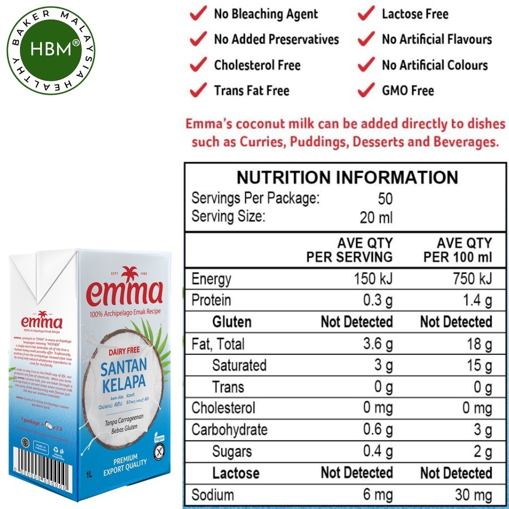 Emma Coconut Milk 1 Liter / Santan Kelapa UHT / Halal / Dairy Free ...