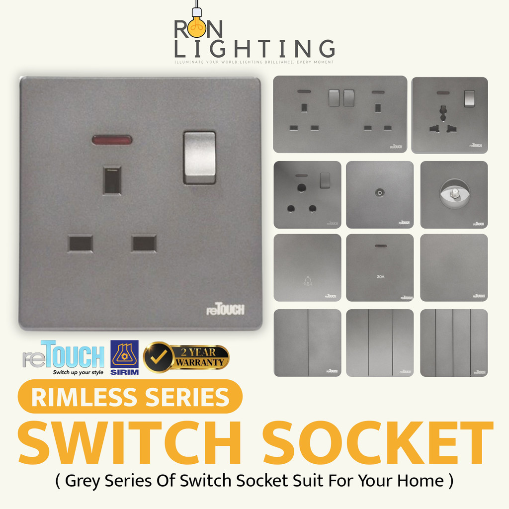 (SIRIM) Retouch Ultra Rimless Grey Switch Socket 1/2/3/4 Gang 1/2Way ...
