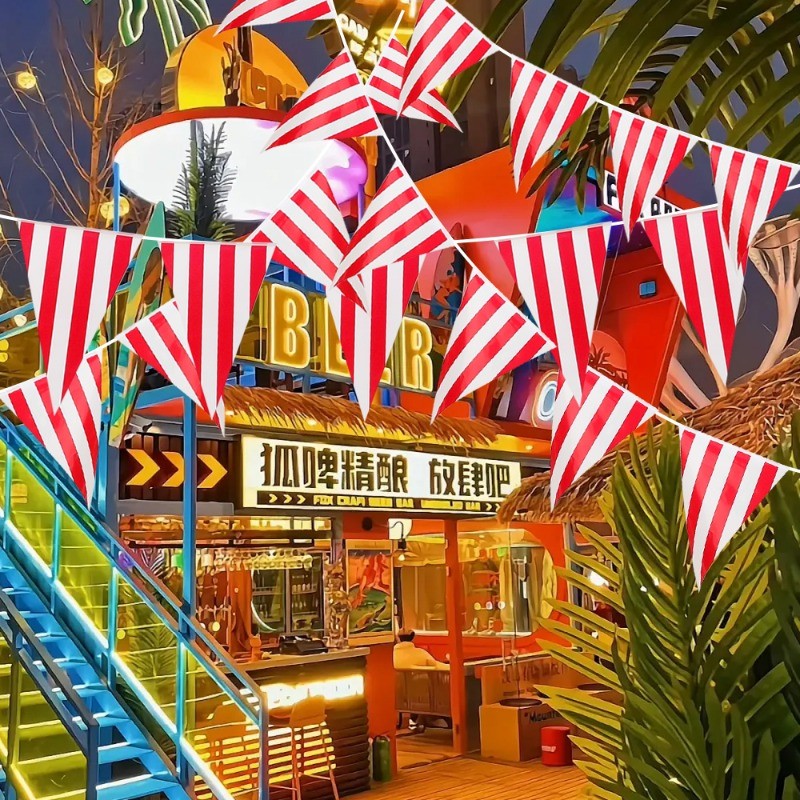10 Meters Classic Red White Striped Bunting Triangle Flags - Circus ...