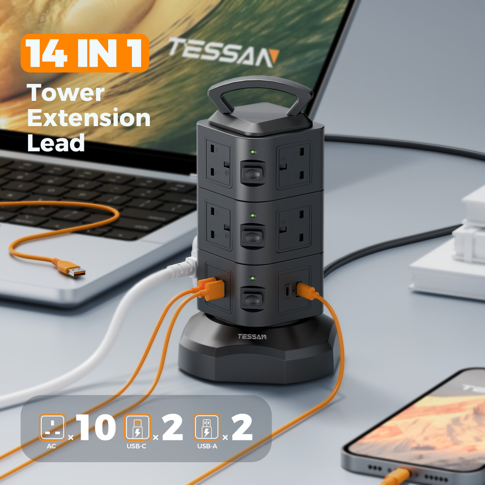 TESSAN Tower Extension Retractable Cord 2M Socket Adapter with USB Type ...