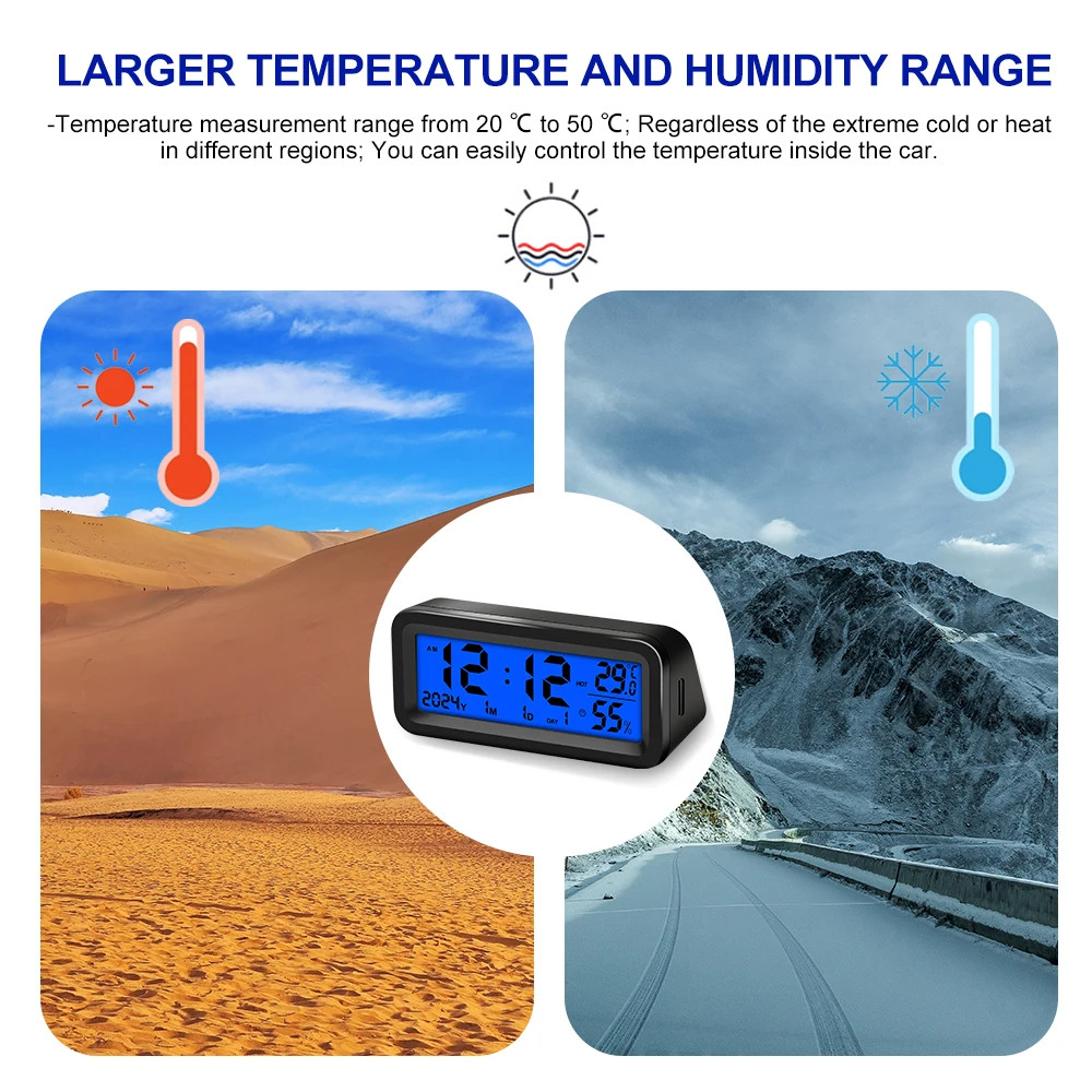 Solar Car Digital Clock Date Week Temperature Humidity LCD Backlit ...