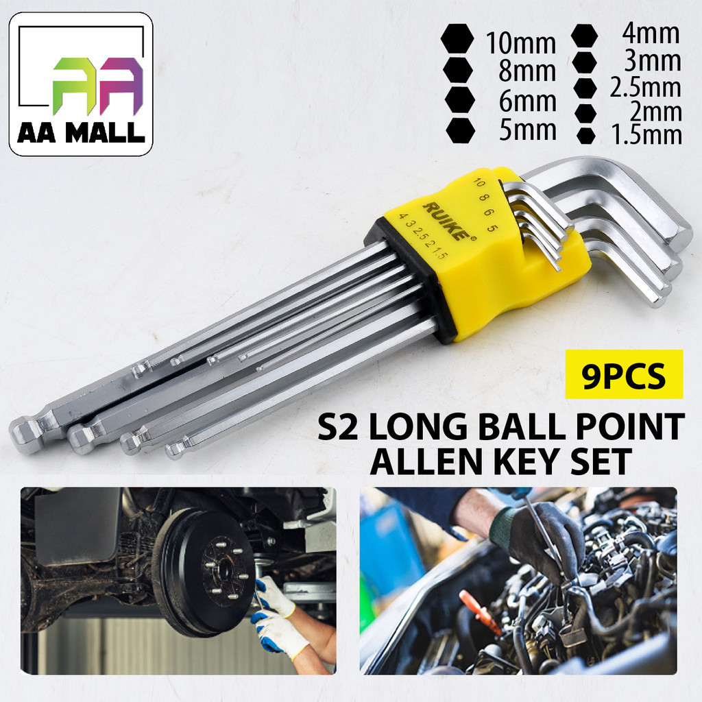 (9pcs) Silver Allen Key Long Ball Point Wrench Set S2 L Shape Hexagon ...