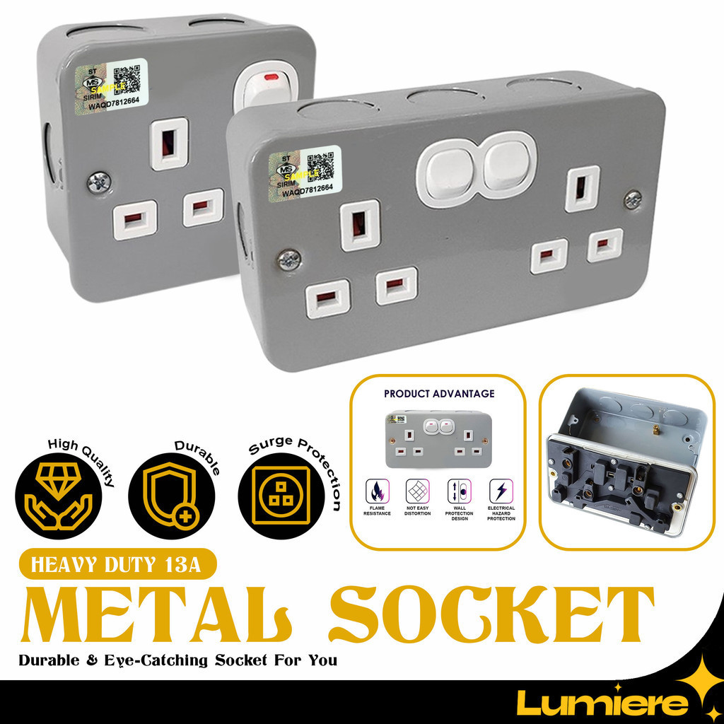 (SIRIM) 13AMP Metal Socket 13A Heavy Duty Clad Hardcore Switched Socket BESI DOUBLE SWITCH ...