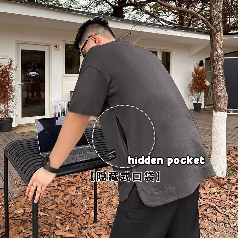 Hidden Pocket T Shirt Men M-4XL Oversize Round Neck Tshirt Man Korean ...