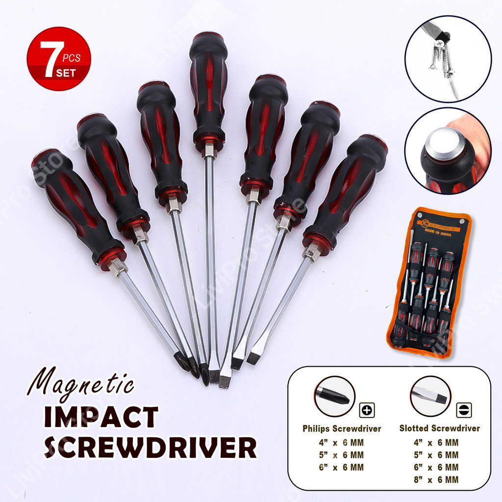 7pcs Magnetic Impact Screwdriver Cross Word Percussion Philips Slotted ...