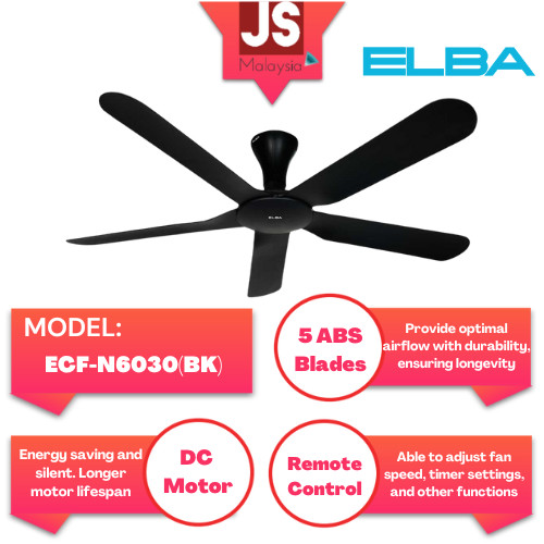 Elba DC Motor Ceiling Fan 60 Inch ECF-N6030(BK) 5 ABS Blades, Energy ...
