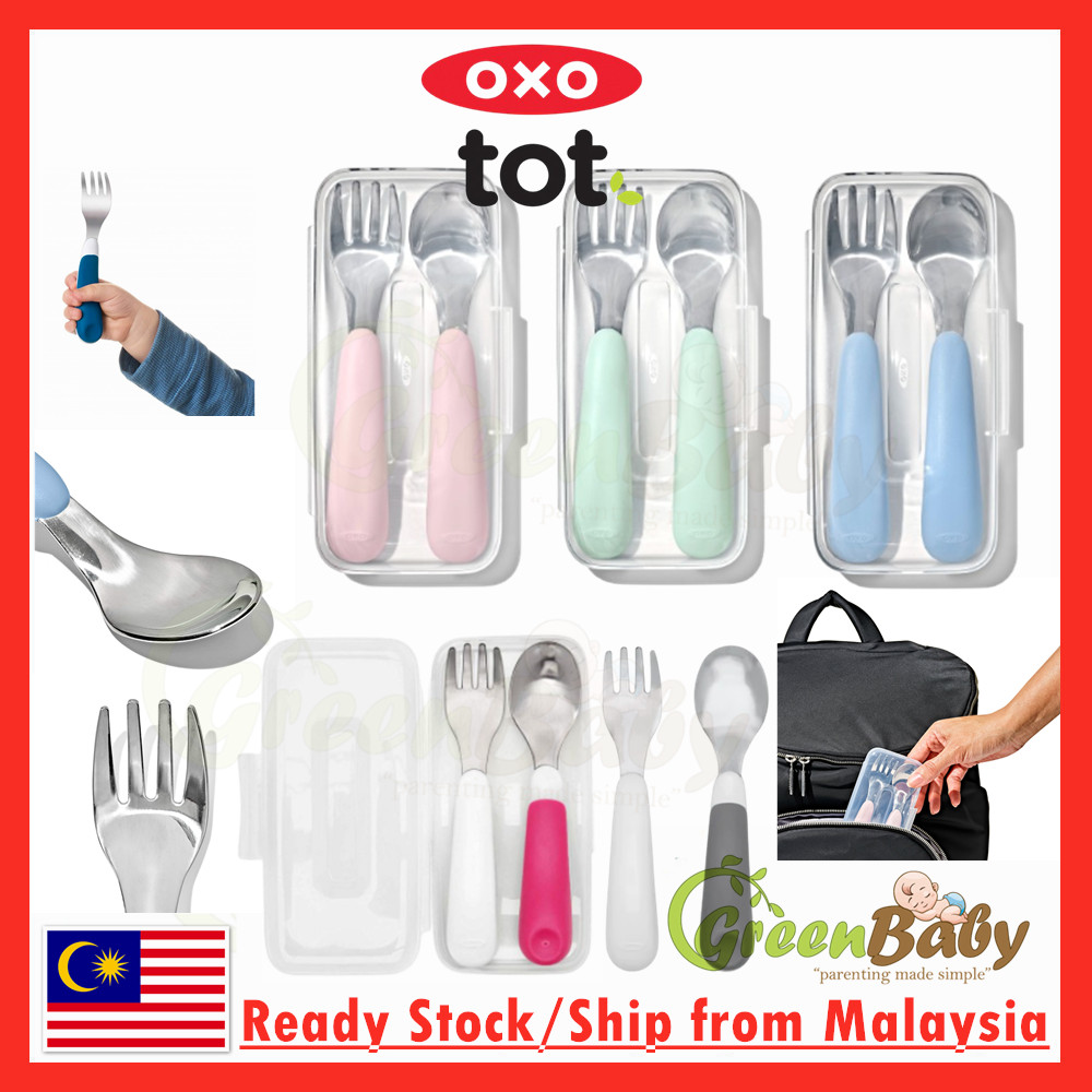 Oxo Tot On-The-Go Fork and Spoon Stainless Steel Fork n Spoon Set With Case Baby Fork and Spoon ...