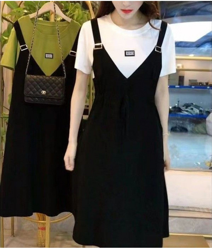 40-100kg M-5XL时尚气质连衣裙女2023夏季新款拼接收腰显瘦中长款背带假两件裙子dress girl fat 休闲裙 | Shopee Malaysia