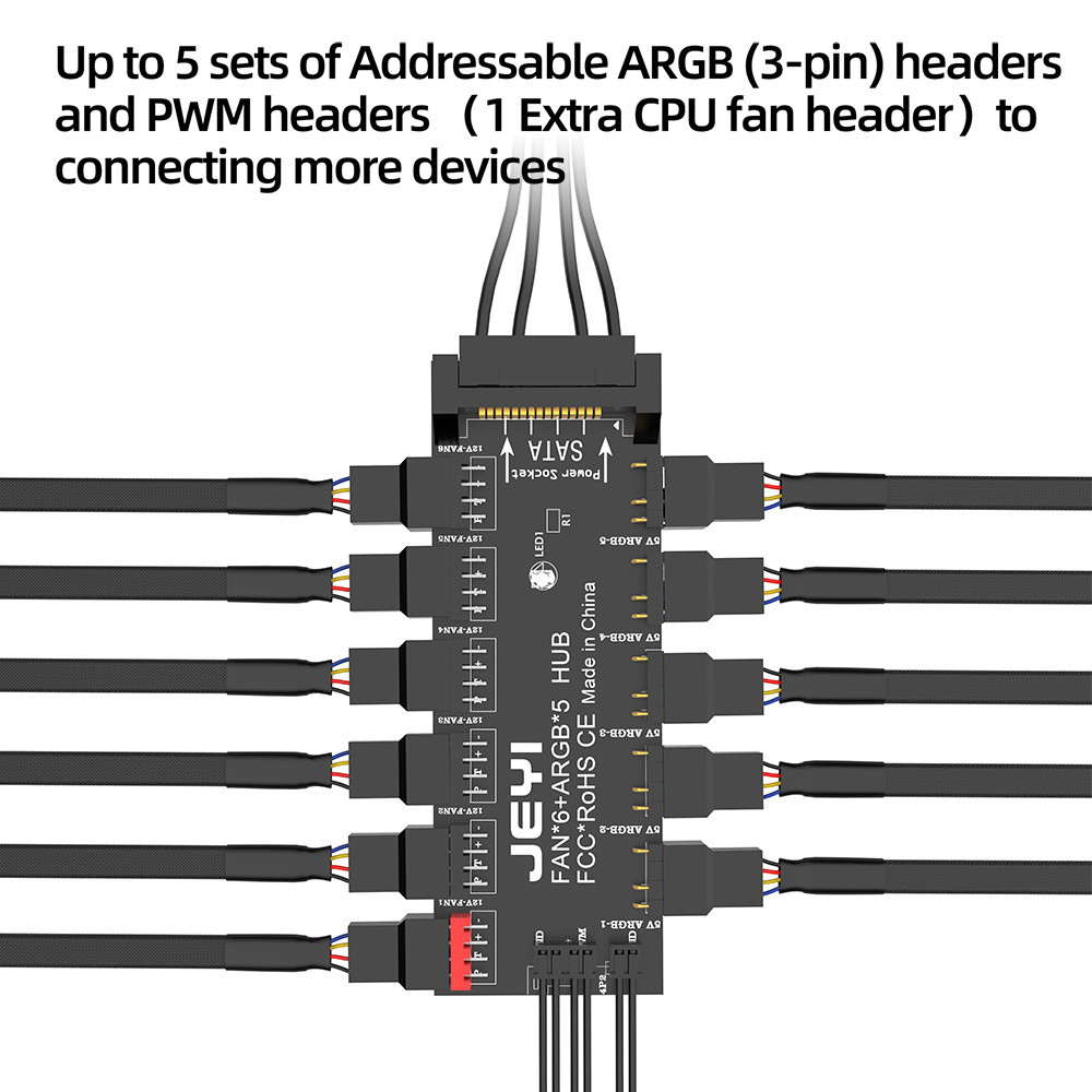 JEYI ARGB PWM 5 Way Fan Hub, Addressable 12V 4Pin PWM & 5V 3Pin ARGB 2 ...